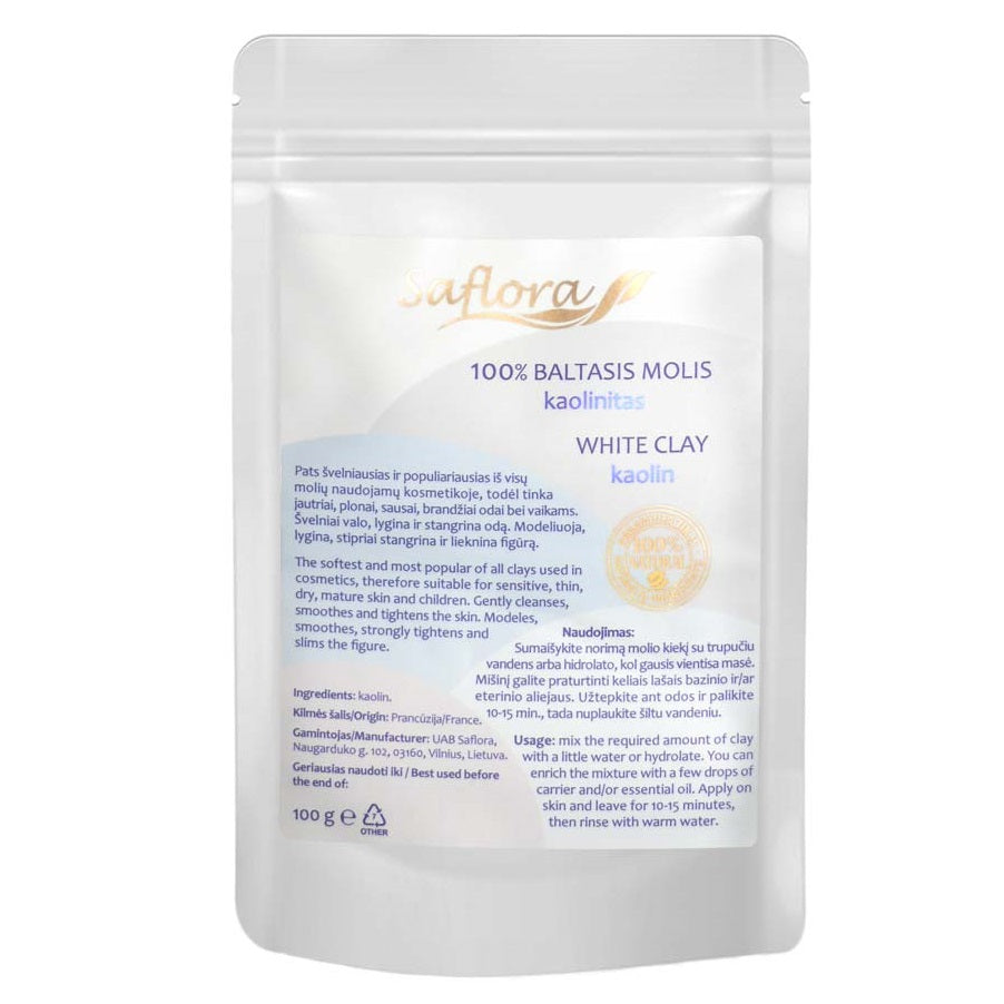 Saflora Baltasis molis 100% grynas kaolinitas 100 g – Beauty chest